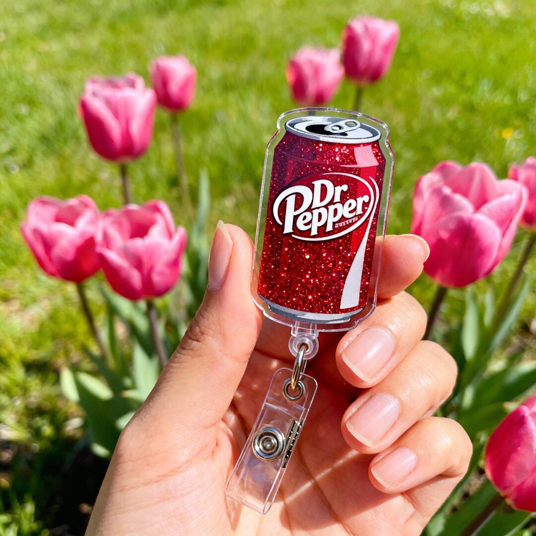 Dr Pepper Soda Can Badge Reel, Glitter Acrylic ID Holder, Cute Work ...
