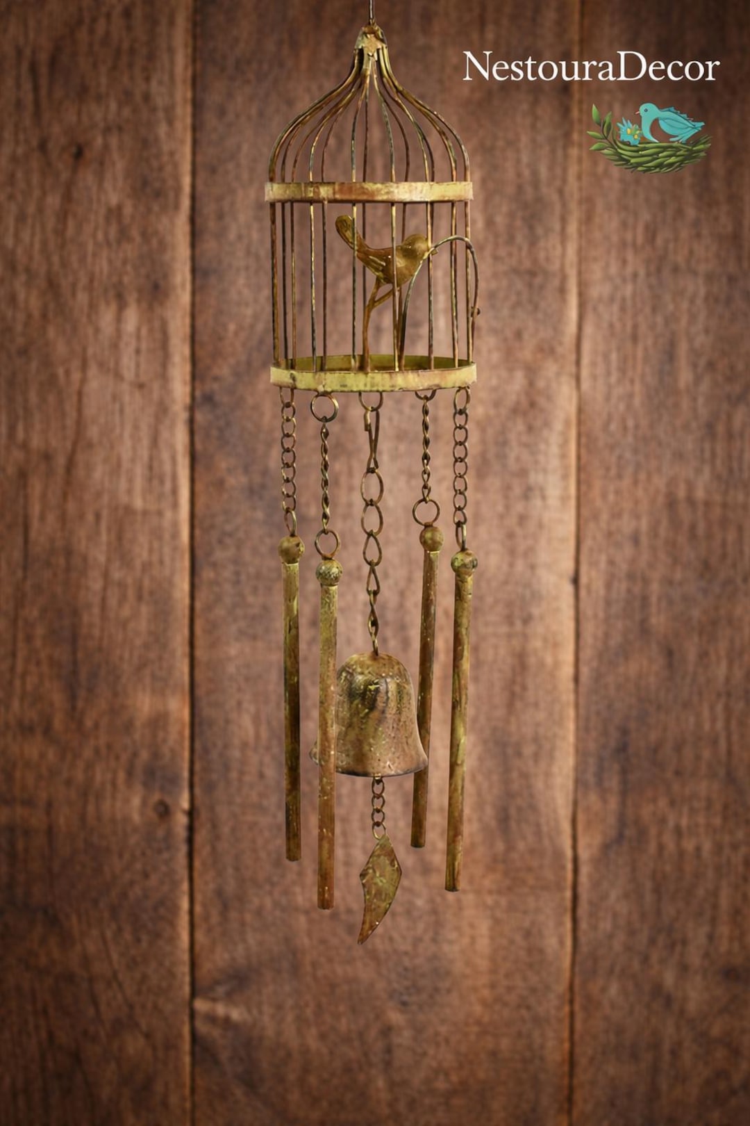 Metal Bird Cage Wind Chime With Bell, Rustic Verdigris Garden Porch ...