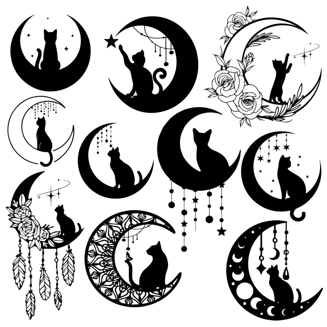 Mystical Cat and Moon SVG Designs Bundle,witchy Cat Clipart,moon and ...