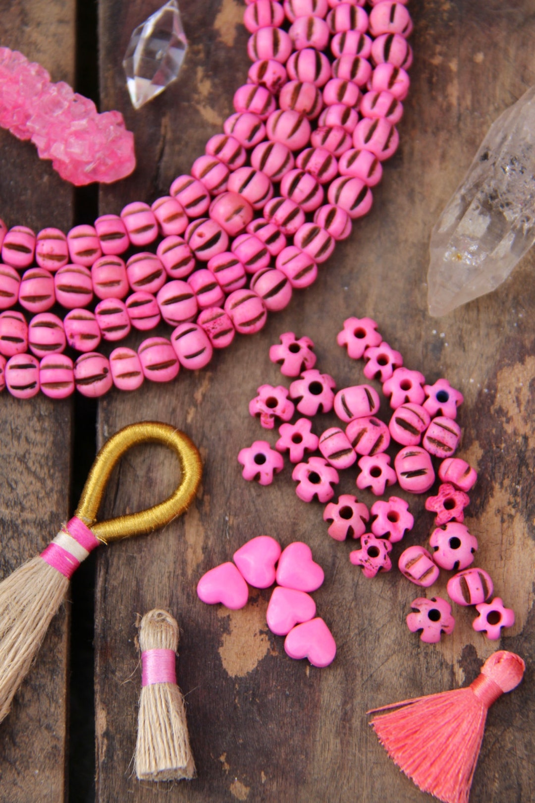 Pink & Black Melon: Hand Carved Rondelles, Stained Indian Cow Bone ...