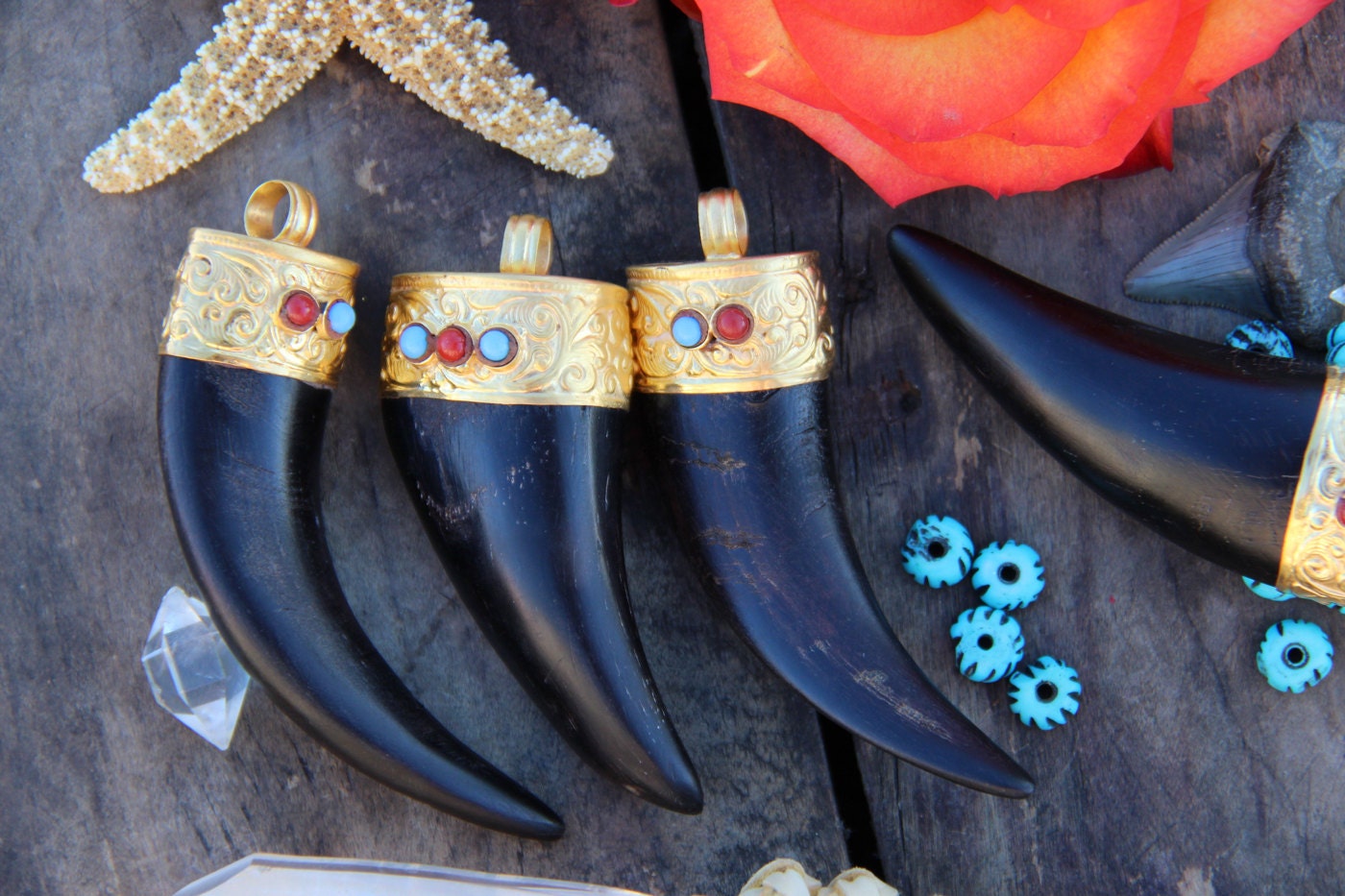 Dark and Gold : Natural Himalayan Goat Horn Tooth Tusk Brass | Etsy