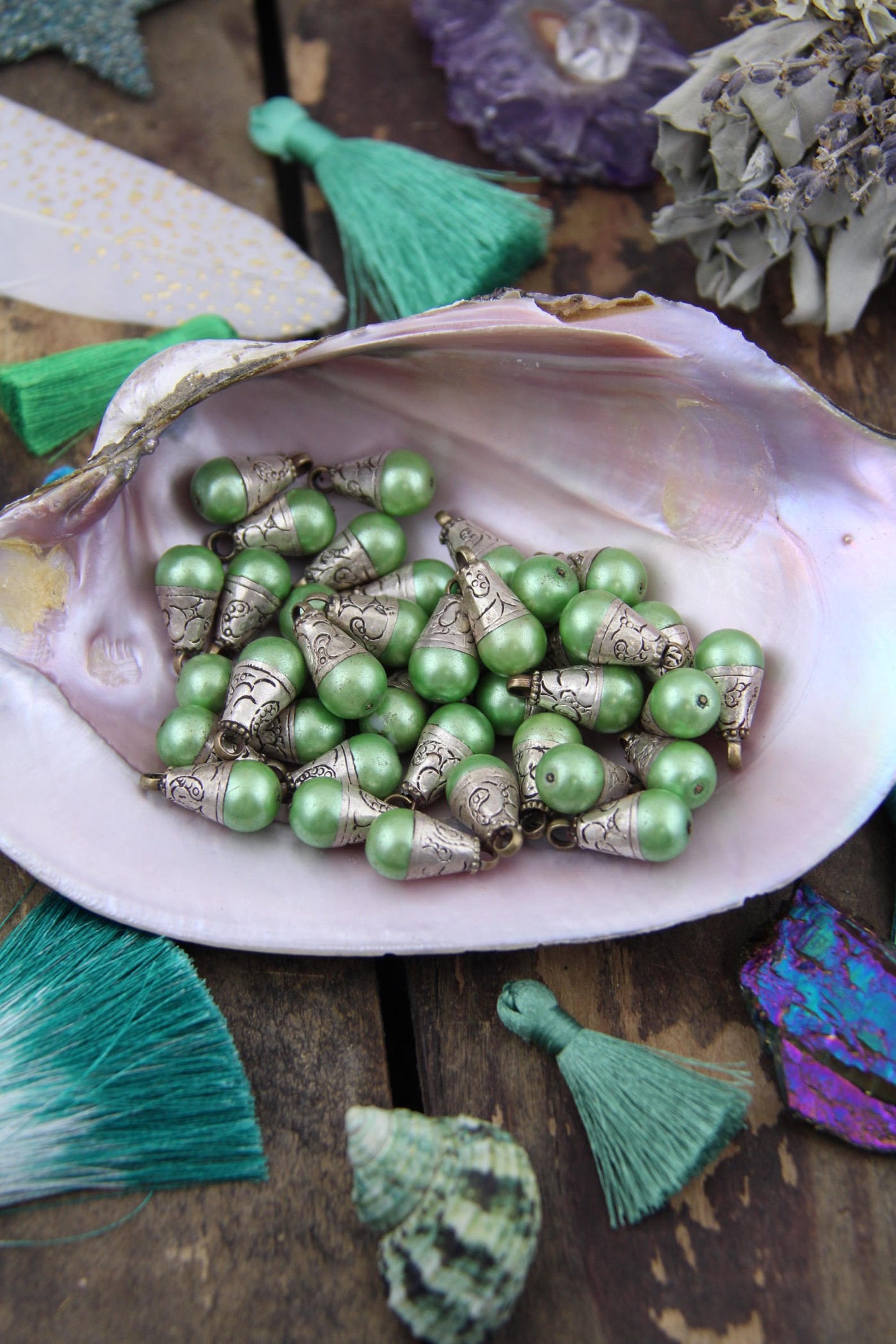 She's a Green Pearl, Lime Green Pearl Charm, Nepali White Brass Pendant ...