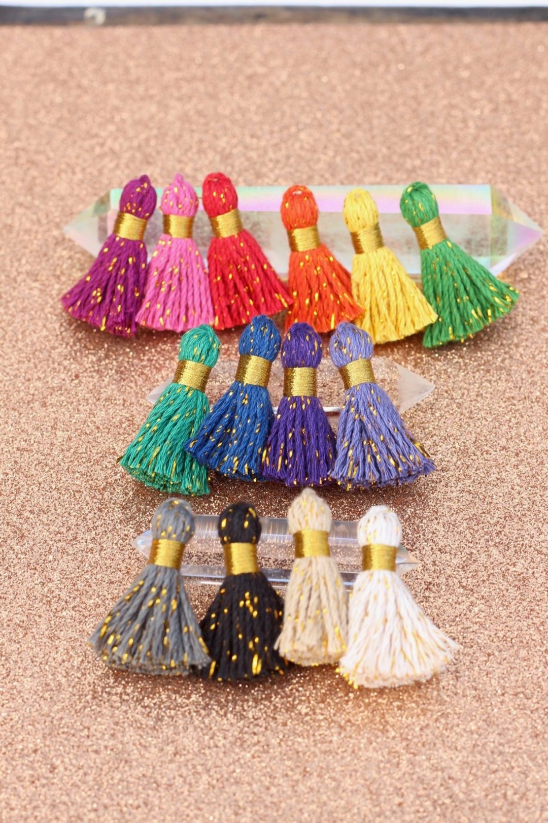 Mini Cotton & Sparkly Tinsel Tassels, Metallic Gold Binding, 1.25 ...