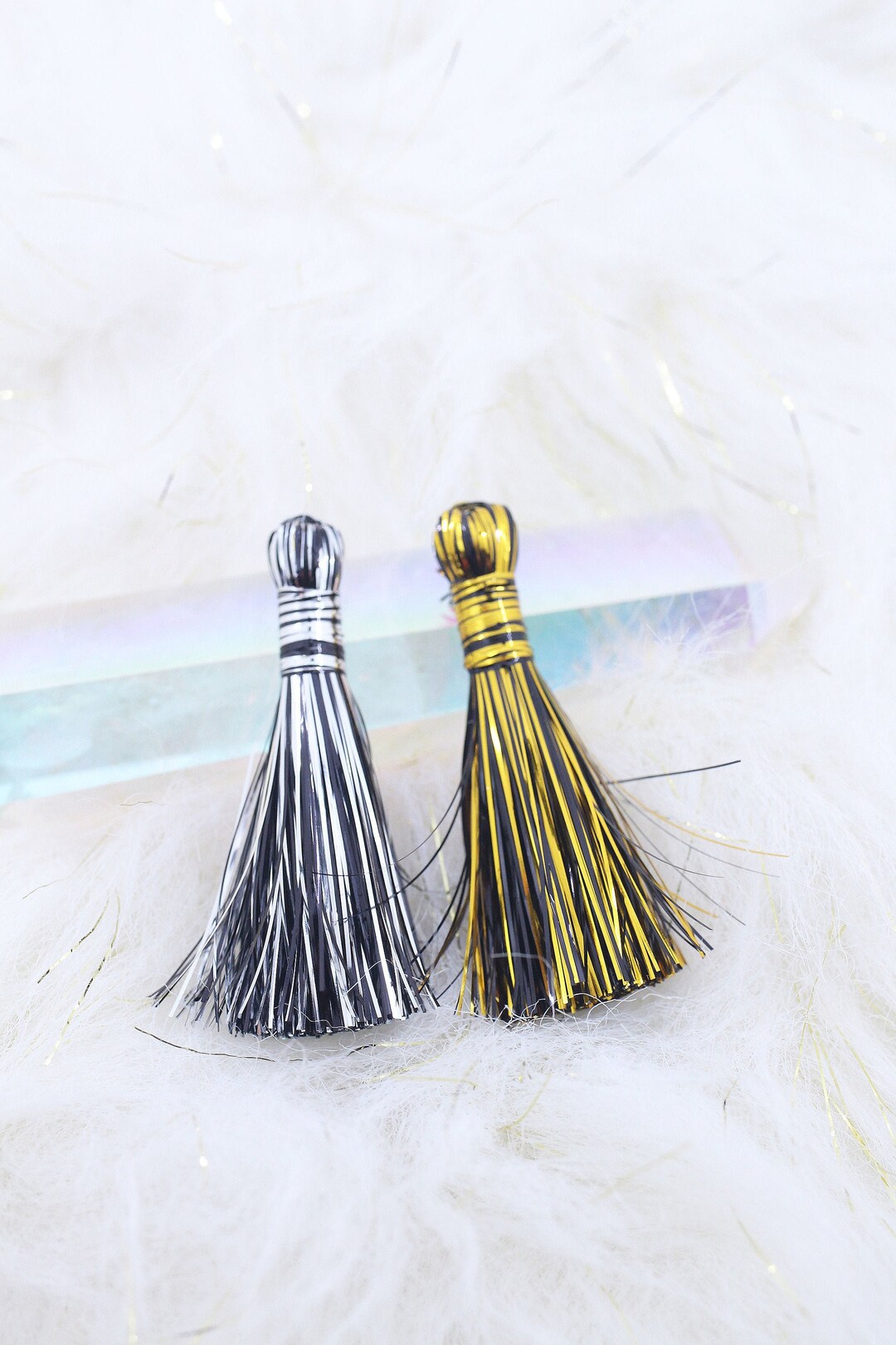 Silver or Gold & Black Tinsel Tassels, 2.5" Metallic Tassels, Lurex ...