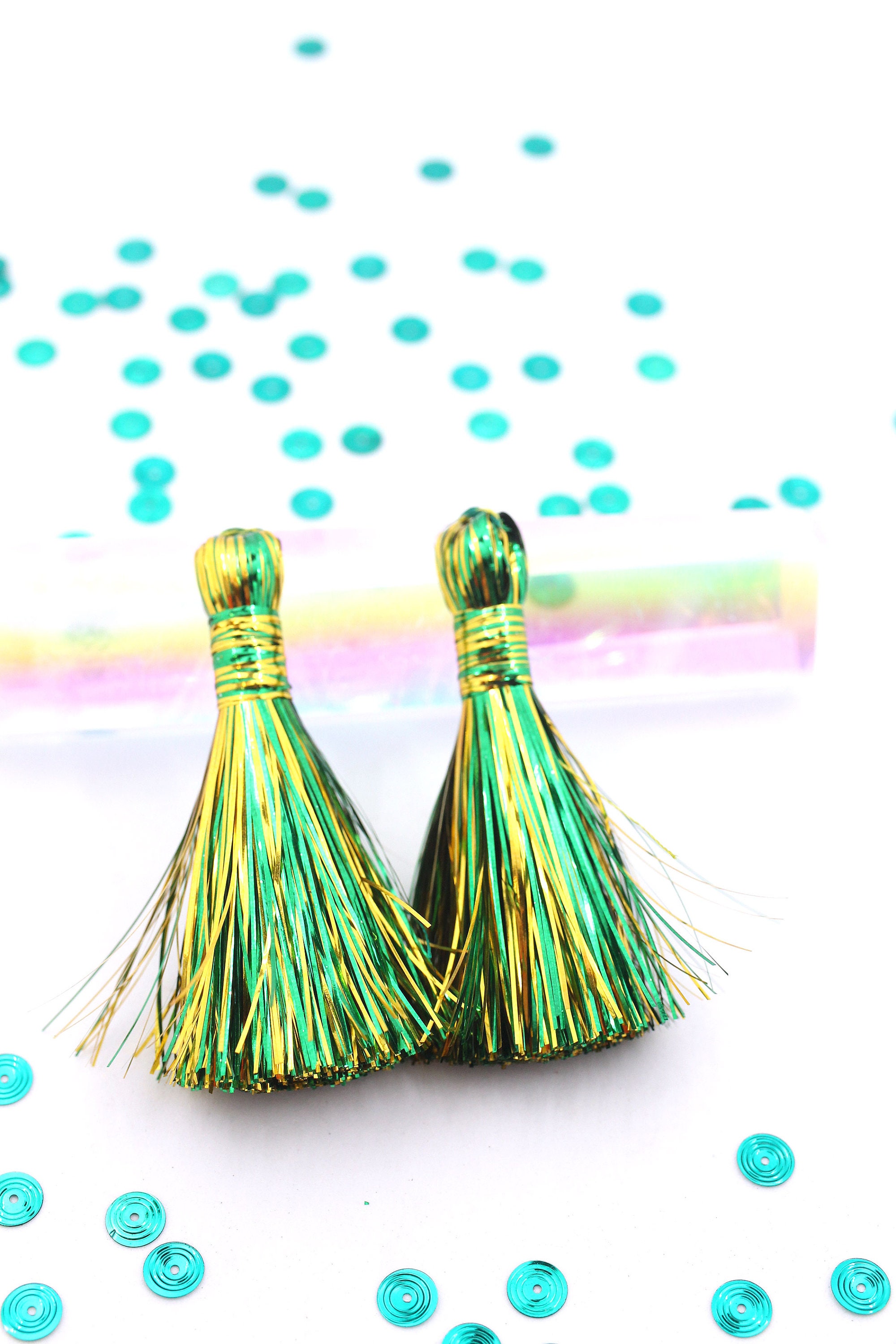 St. Patrick's Day Tinsel Tassels, 2.5" Green & Gold Metallic Tassel ...