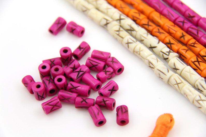 Carved Tribal Designs: XI Pattern, Large Hole Bone Beads, 5x8mm, Boho ...