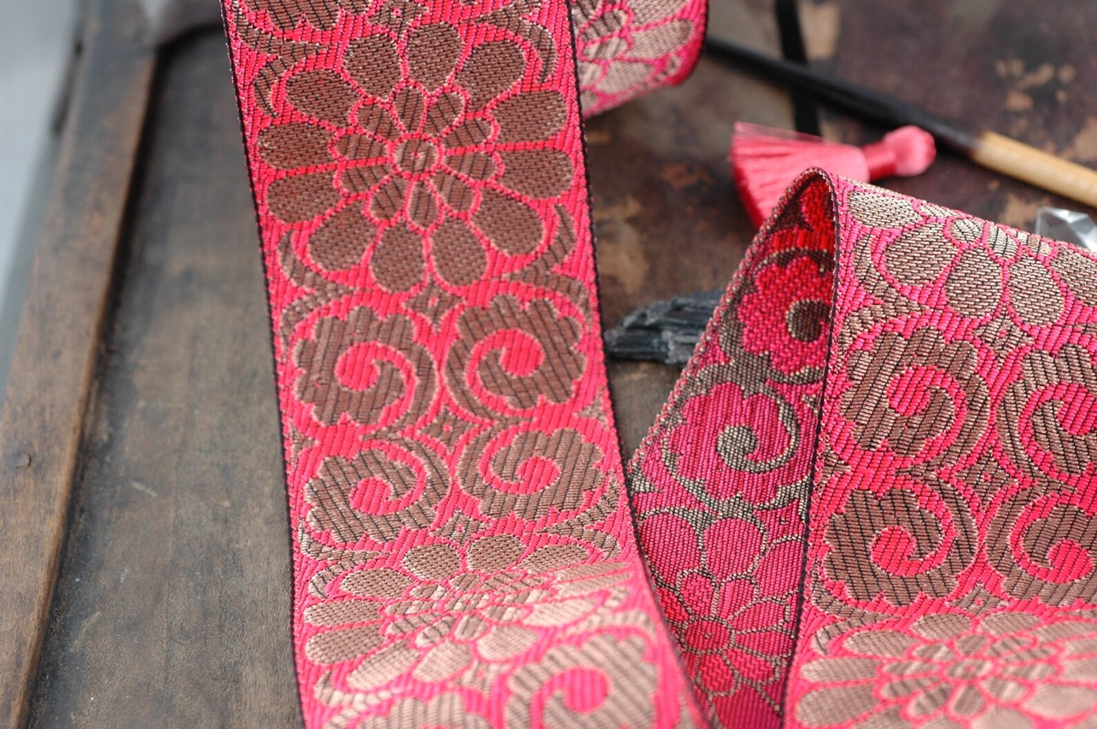 Coral Pink & Gold Ornate Floral Trim Jacquard Ribbon Sari - Etsy