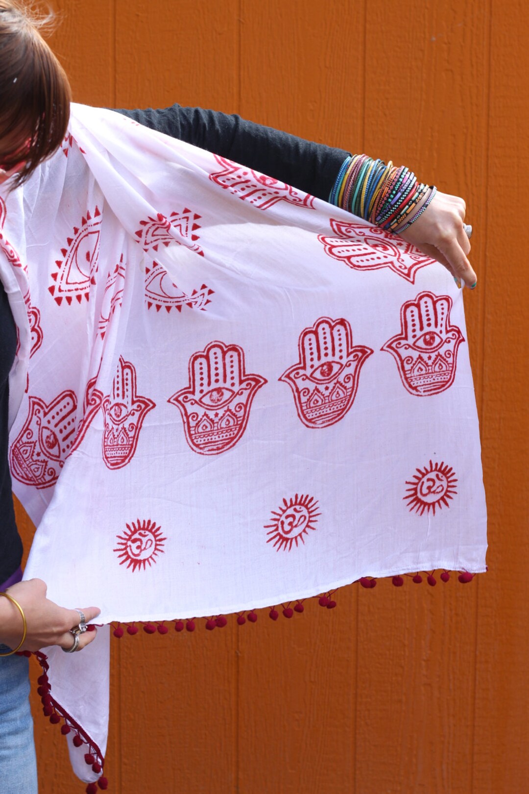 Good Juju Evil Eye, Hamsa Hand, & Om Block Print Scarf : Pom Pom Trim ...