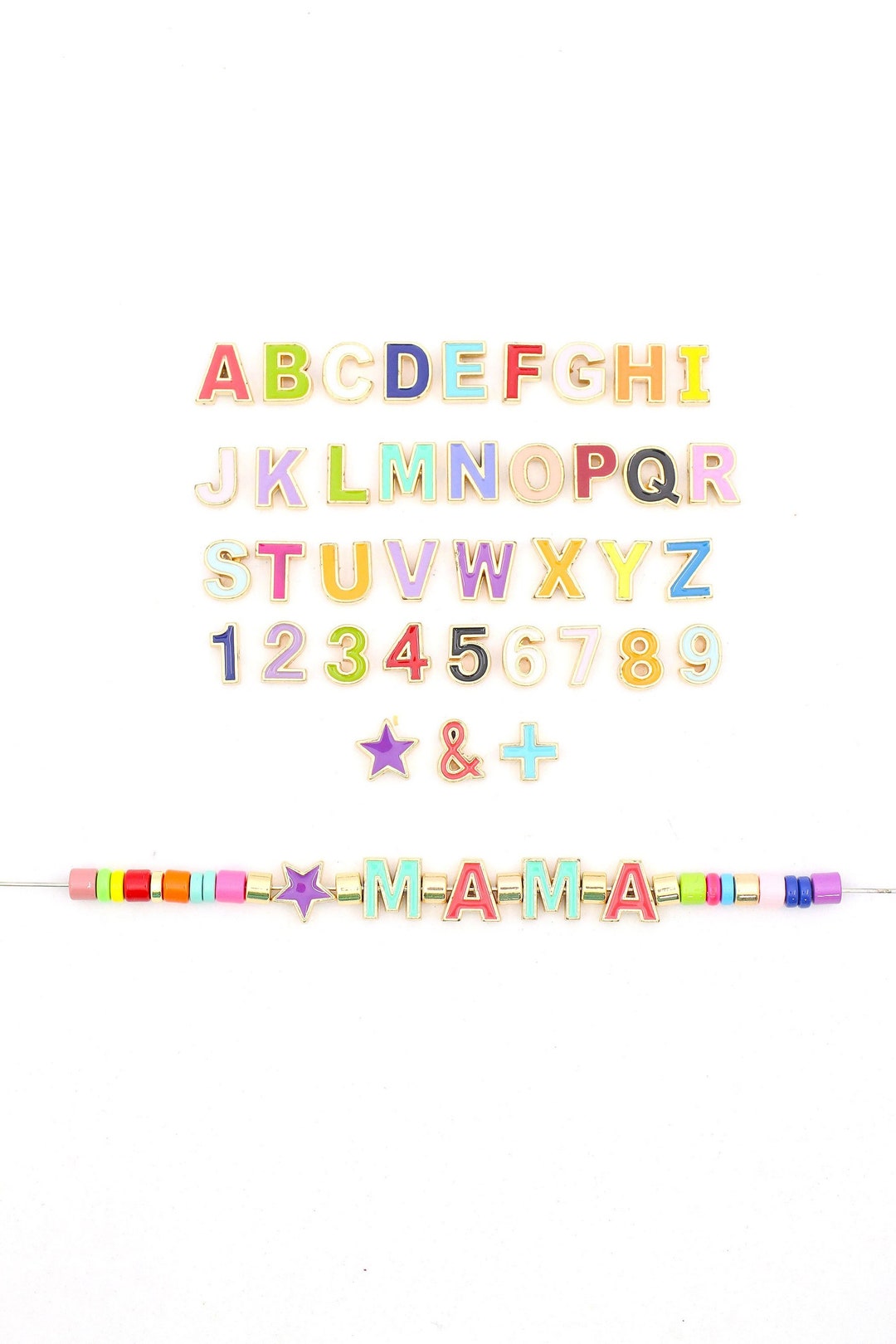 Cutout Enamel Letter & Number Beads, Gold Plated Colorful Symbol Beads ...