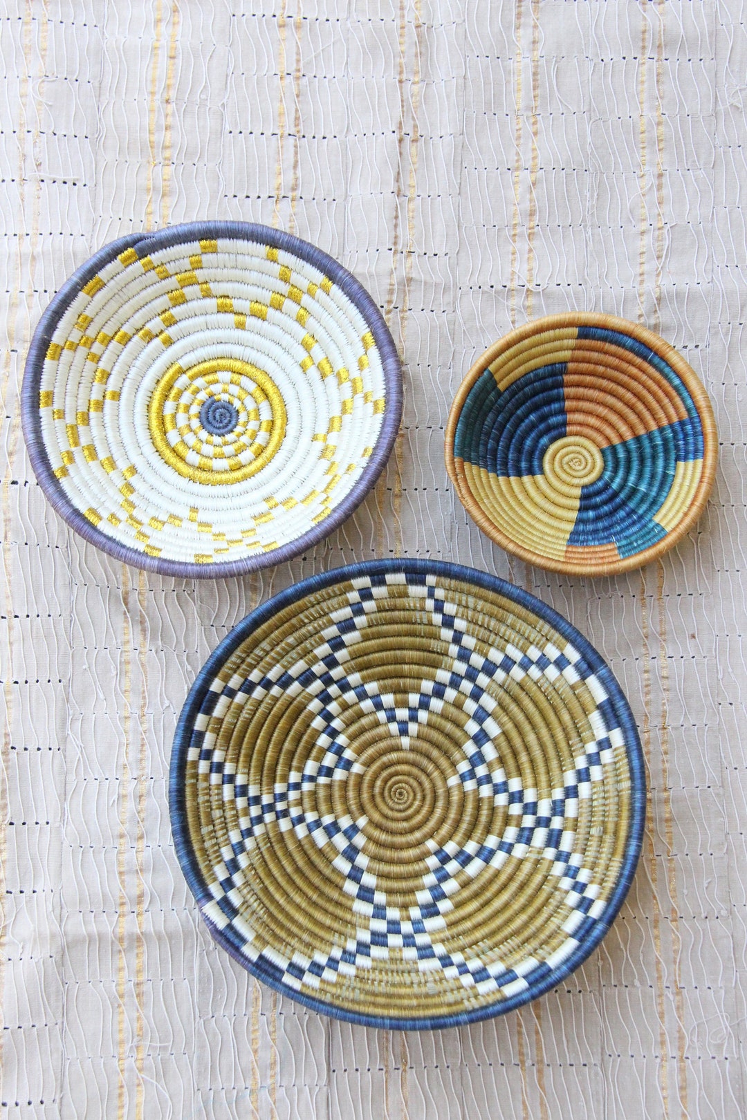 Lillian African Basket Collection, Blue, Tan, Gold, From Rwanda, Set of ...