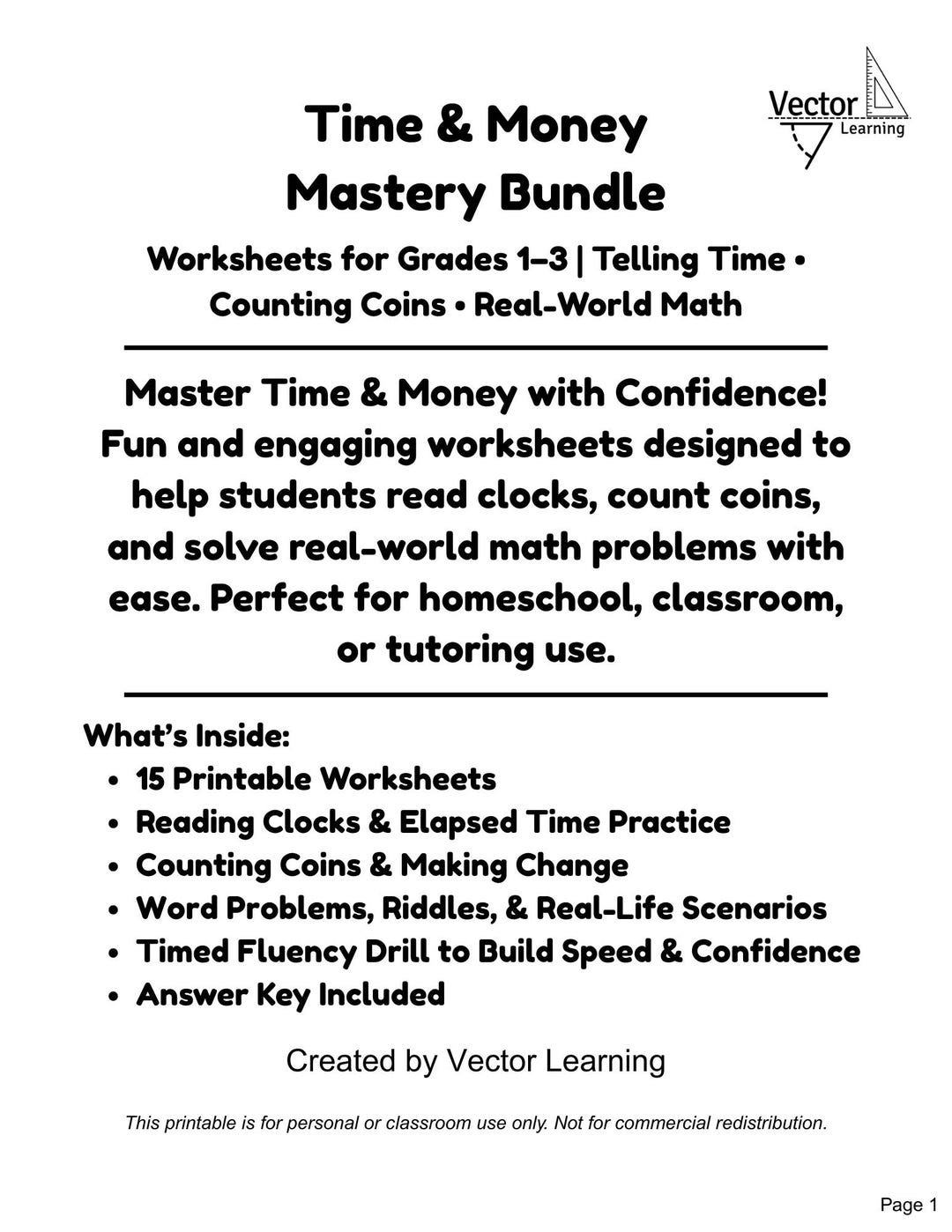 Time and Money Worksheets Bundle | Printable Clocks, Counting Coins ...
