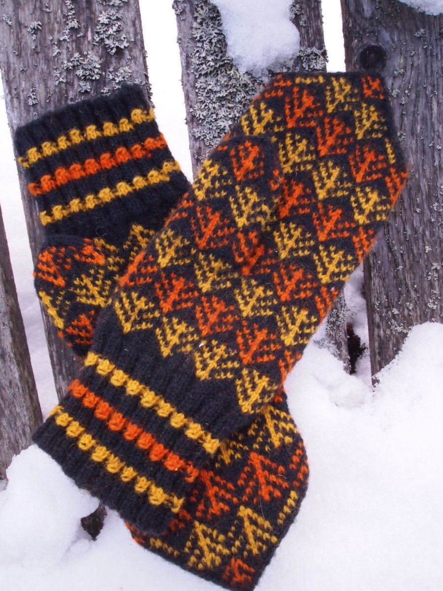 Finely Hand Knitted Seto (estonian) Mittens in Black Yellow Orange ...
