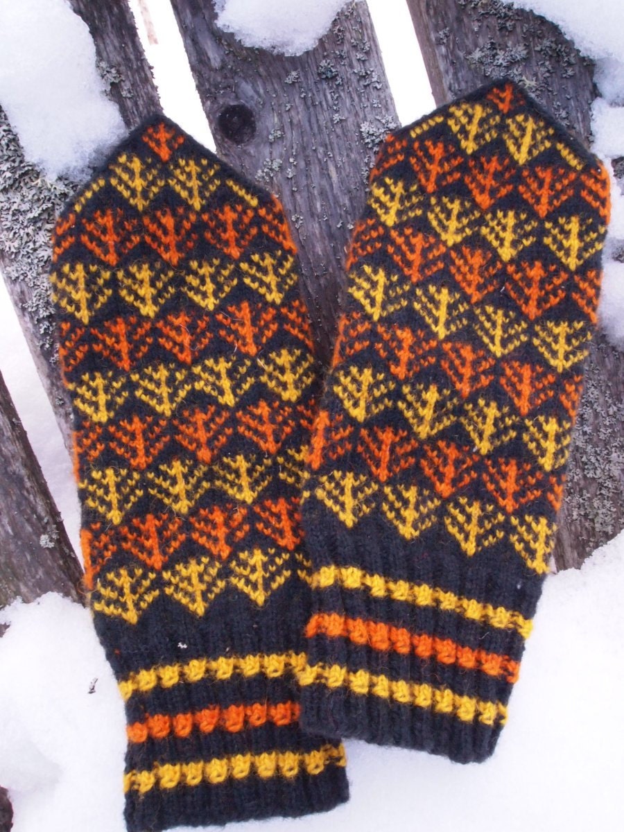 Finely Hand Knitted Seto (estonian) Mittens in Black Yellow Orange ...