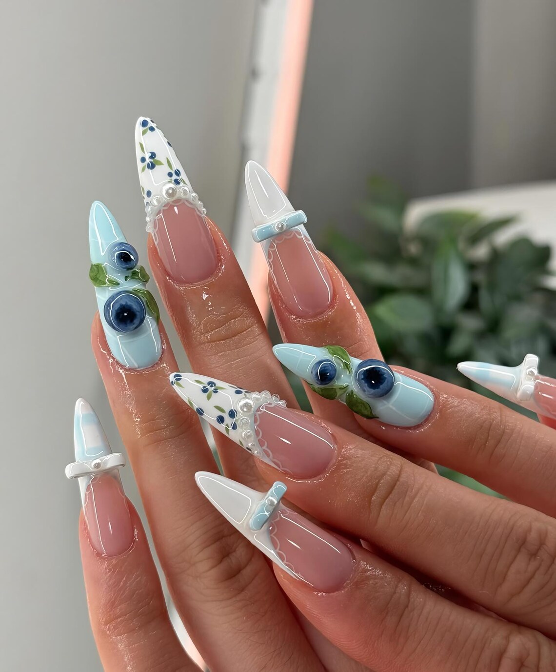 Blueberry 3D Press on Nails, Floral Pearl Nail Set With Vintage Lace ...