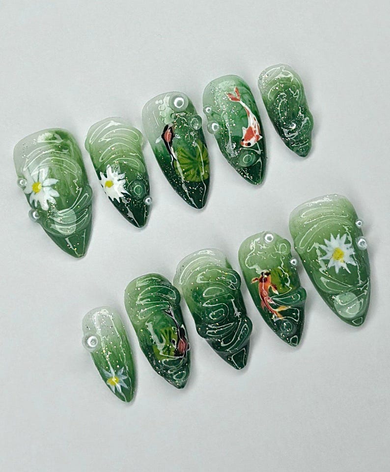 Koi Fish Press on Nails: 3D Ripple, Hand-painted Nature Nail Art - Etsy