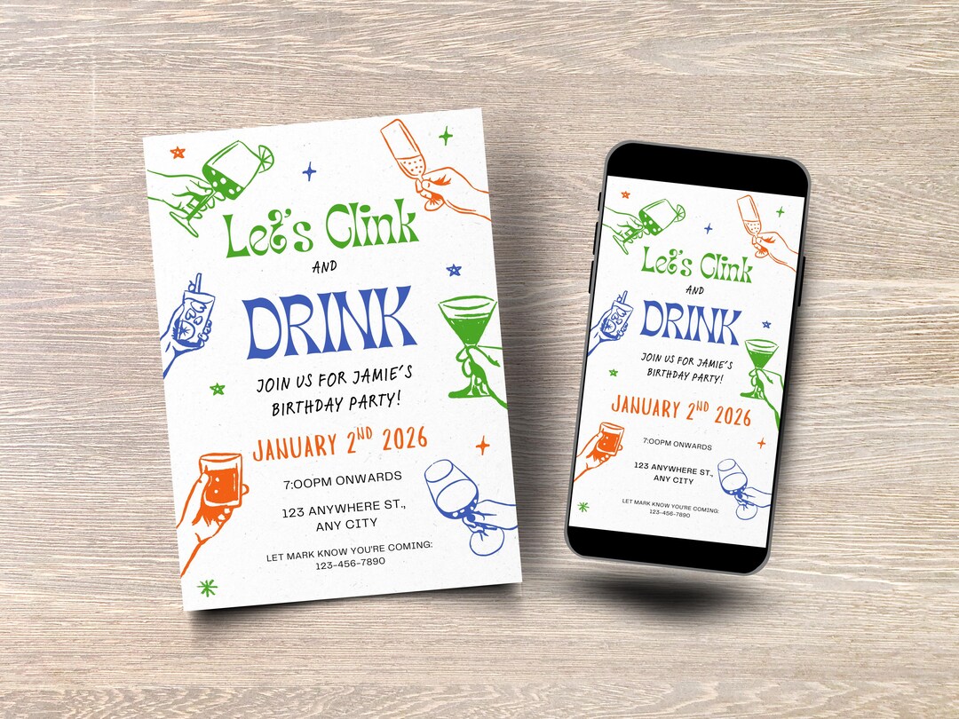 Editable Adult Birthday Invitation, Hand Drawn Cocktails Birthday ...
