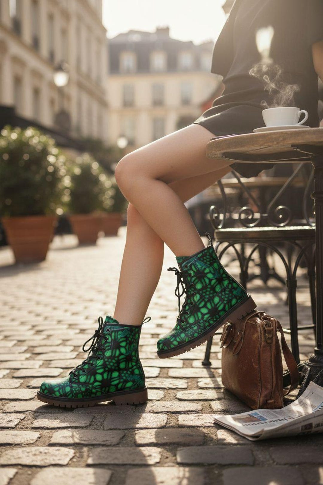 Emerald Green Combat Boots, Botanical Vegan Leather Wide Fit, Floral ...