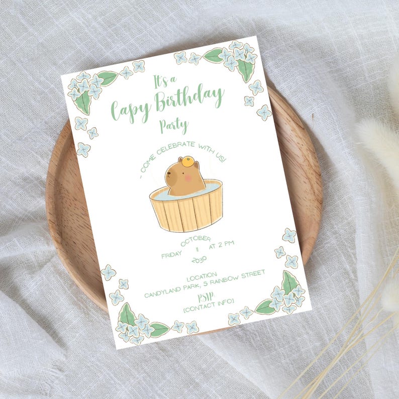 Capybara Birthday Invitation Template With Back Side, 5x7 Canva ...