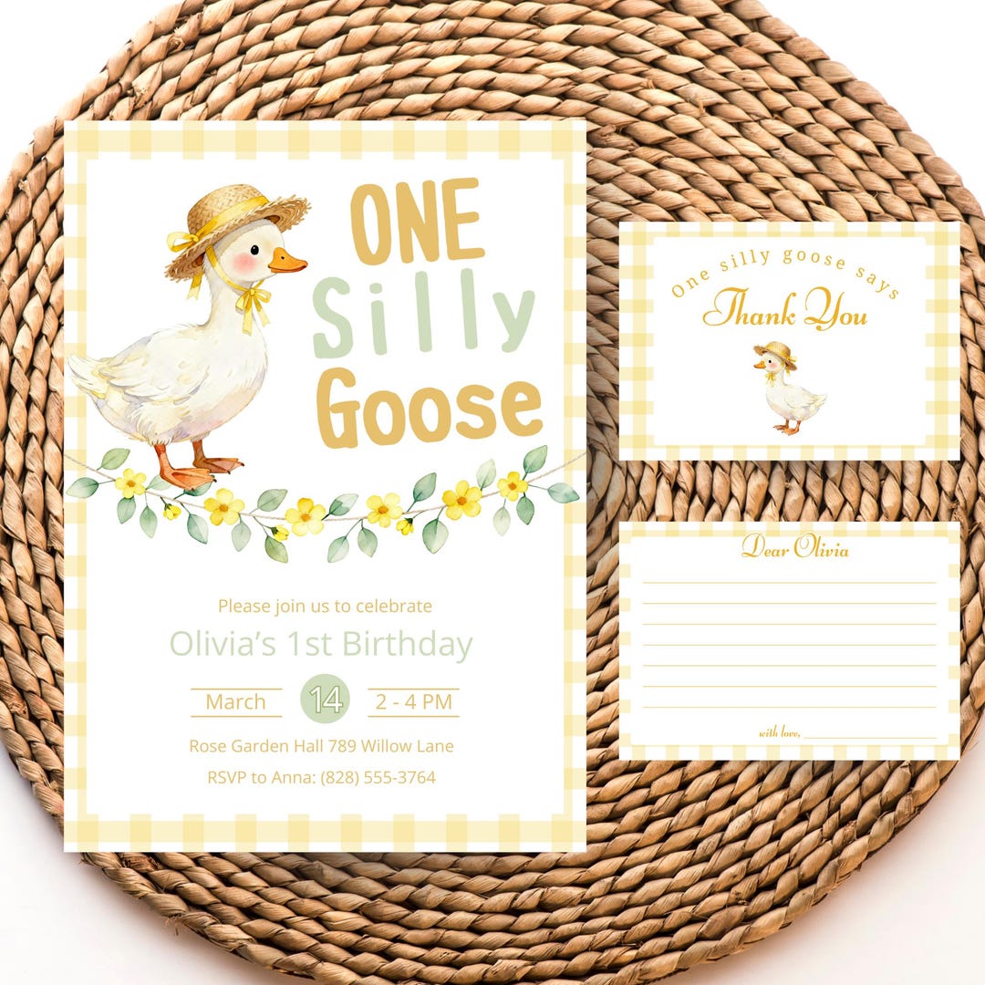 One Silly Goose Birthday Invitation Template, Yellow Gingham Daisy ...