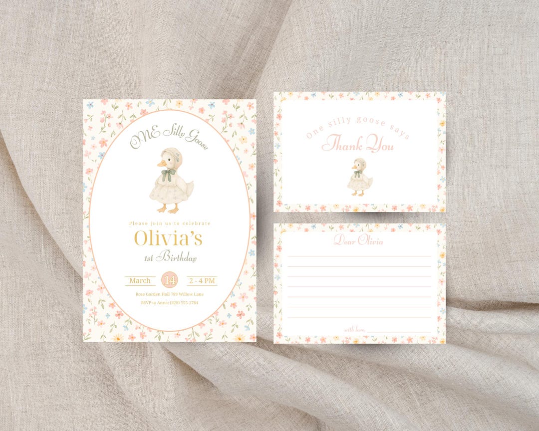 One Silly Goose Birthday Invitation Bundle, Vintage Pink Floral Girl ...