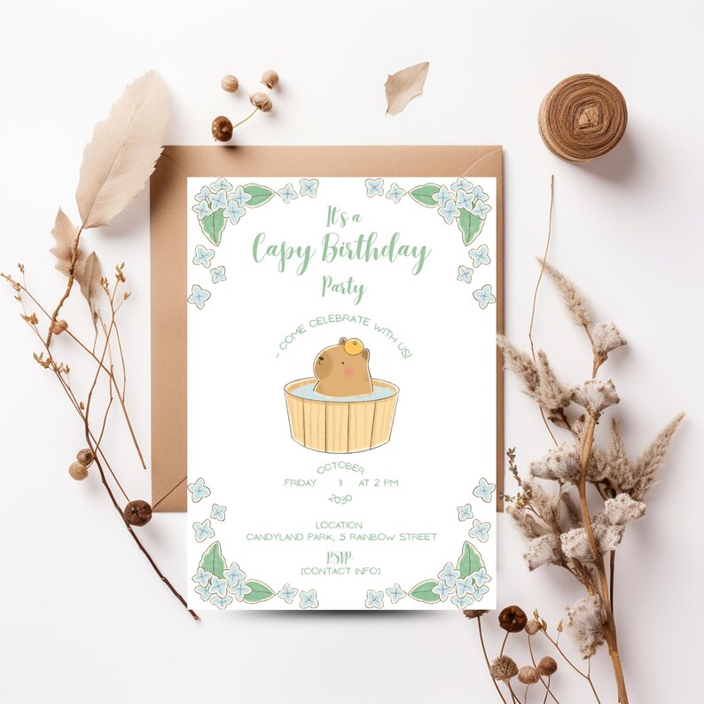 Capybara Birthday Invitation Template With Back Side, 5x7 Canva ...