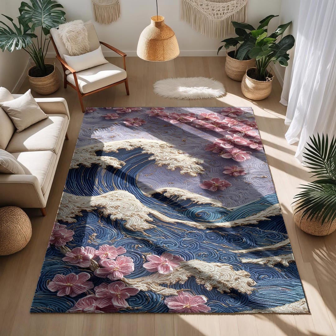 Japanese Wave Rug, Sakura Cherry Blossom Carpet, Great Wave Inspired ...