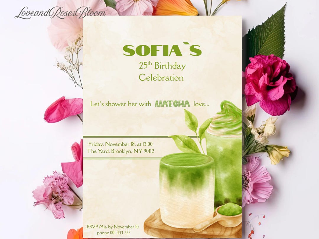 Matcha Birthday Invitation Template: Modern Green Design (digital ...