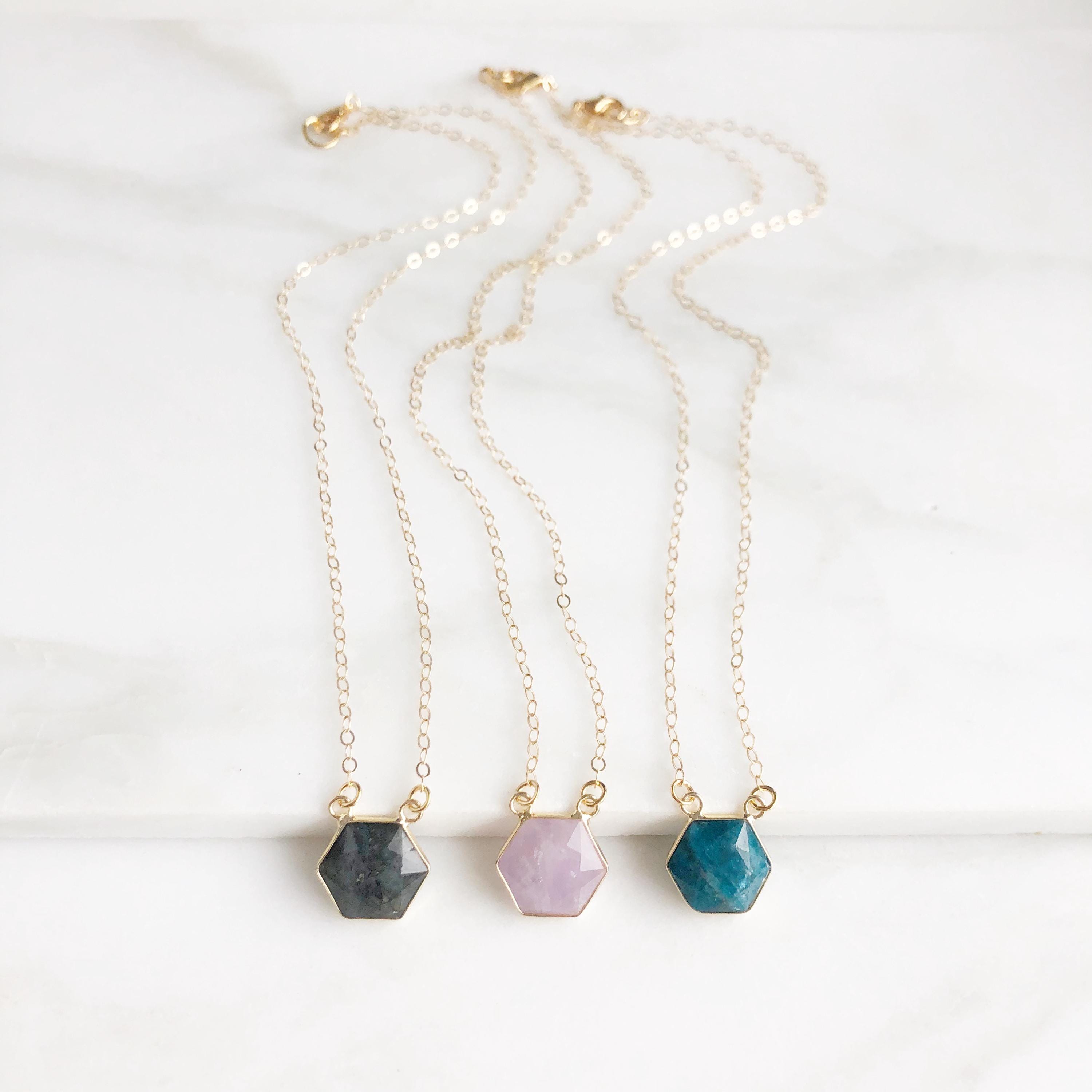 Hexagon Stone Layering Necklace in Gold. Labradorite Rose Quartz ...