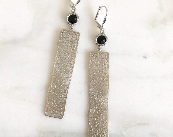 Silver Rectangle and Black Jewel Dangle Earrings. Statement - Etsy