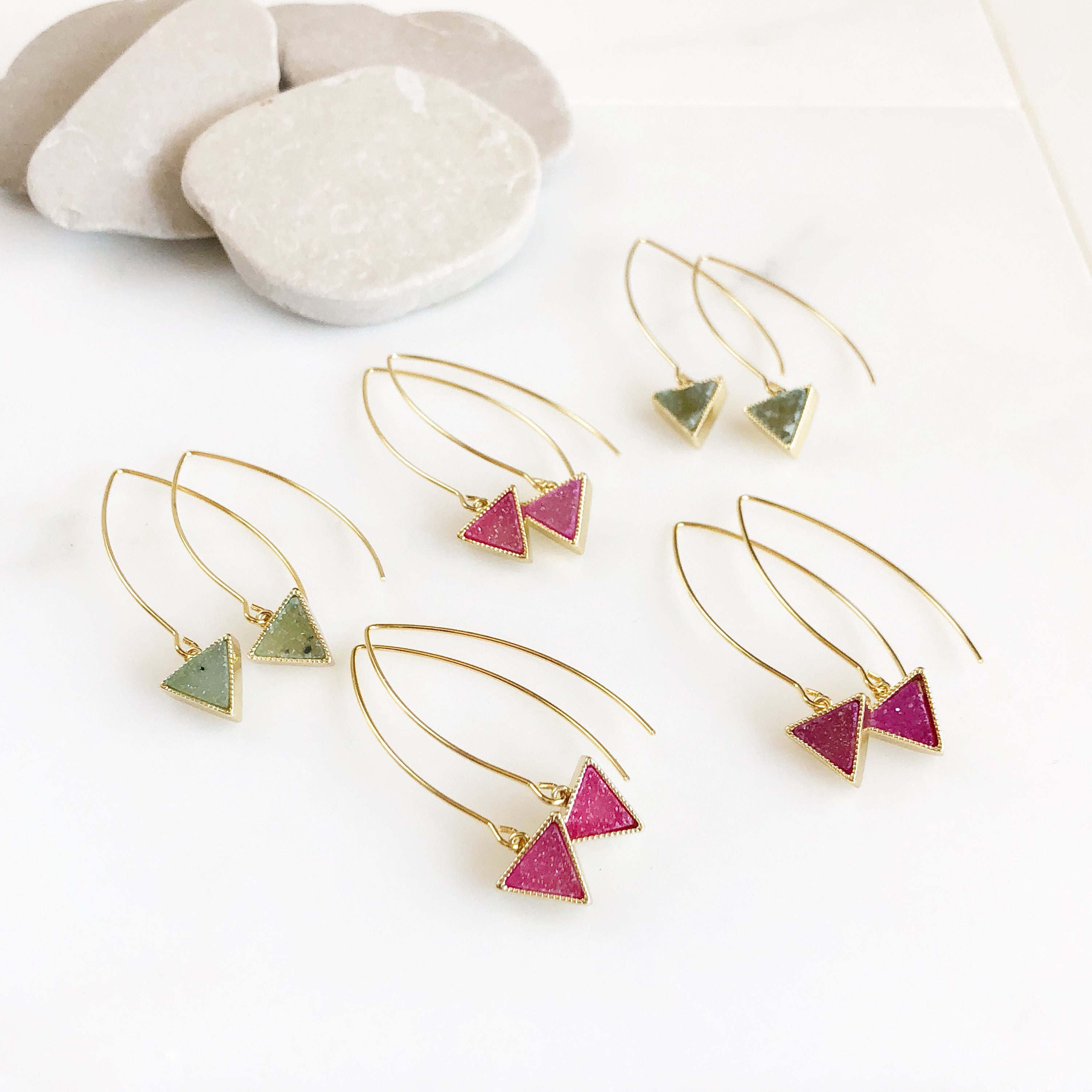Druzy Triangle Drop Earrings. Pink Sage or Aqua Triangle Druzy | Etsy