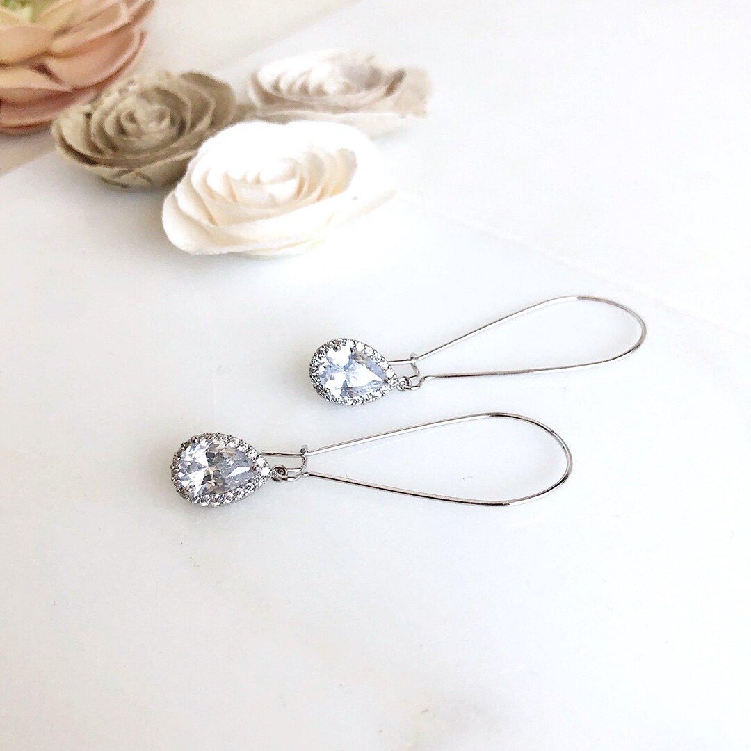Simple Silver Bridal Drop Earrings. Cubic Zirconia Drops. Elegant ...