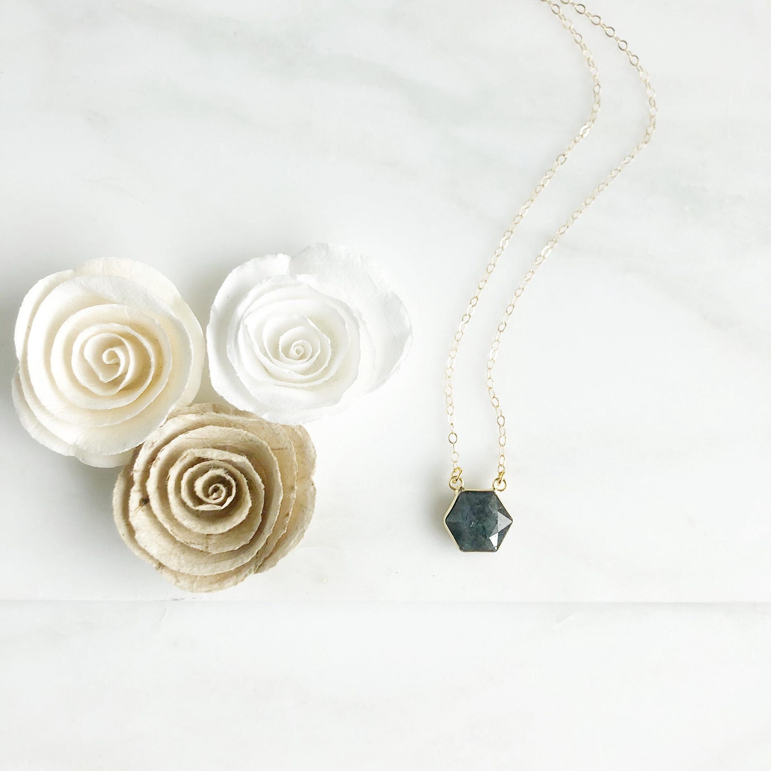Hexagon Stone Layering Necklace in Gold. Labradorite Rose Quartz ...