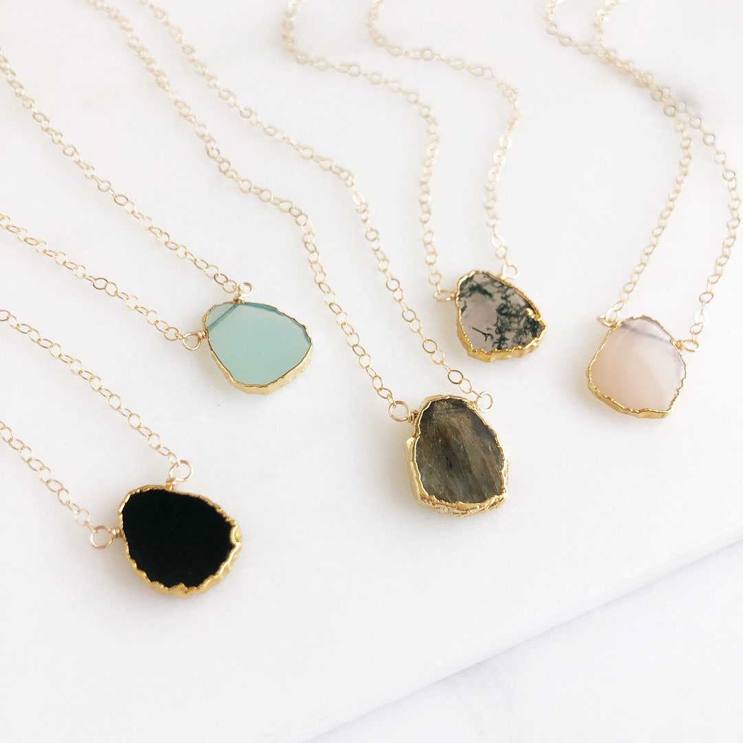 Gemstone Slice Necklaces in Gold. Layering Necklace. Aqua - Etsy