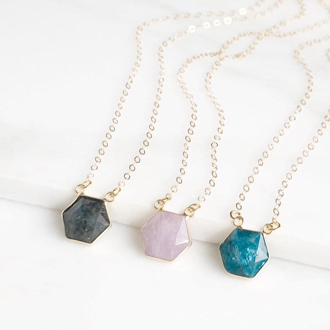 Hexagon Stone Layering Necklace in Gold. Labradorite Rose Quartz ...