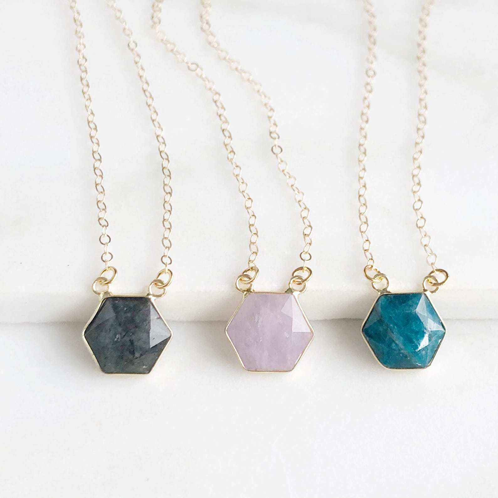 Hexagon Stone Layering Necklace in Gold. Labradorite Rose Quartz ...