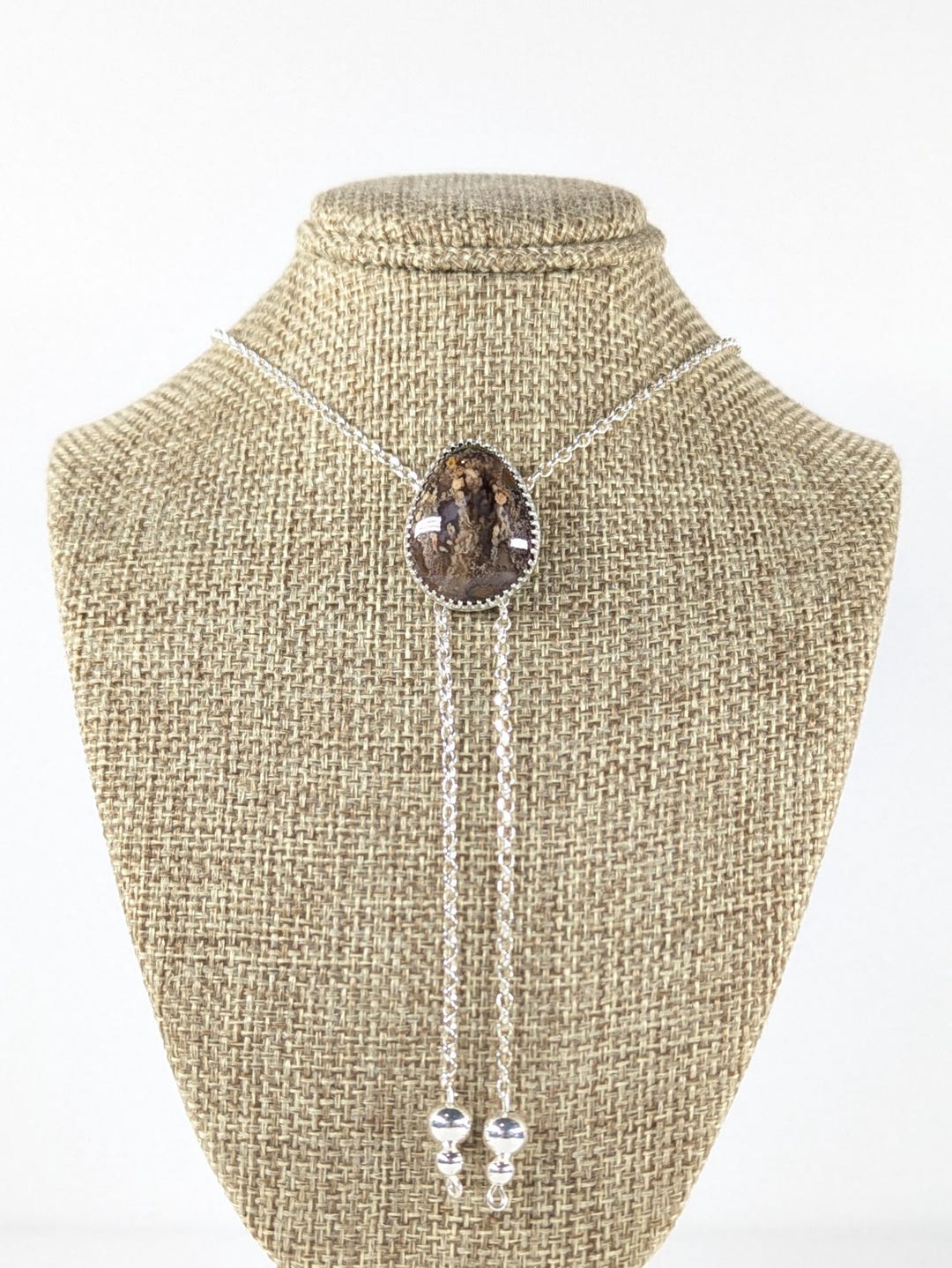 Sterling Silver Chain Bolo Tie Look, Priday Plume Agate Stone Western ...