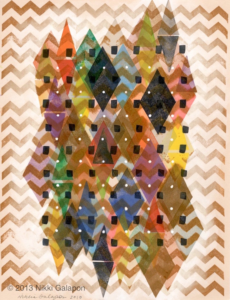 Original Mixed Media Geometric Modern Art, Diamonds Triangles Chevron ...