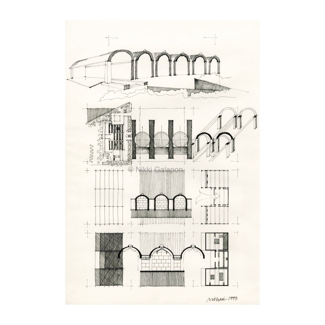 Kimbell Art Museum Study: Archival Print of Original Architectural Pen ...