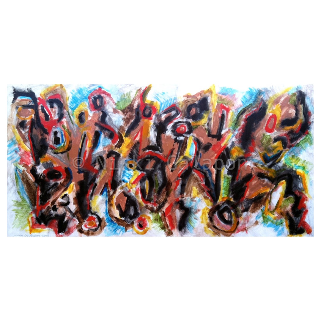 Random Five, Original Abstract Painting on Panel, 18"x36" Expressionist ...