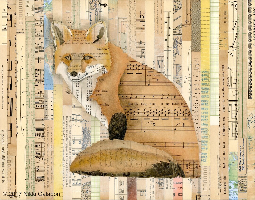 Sitting Fox on Collage: 11"x14" Archival Giclee Print Artwork ...