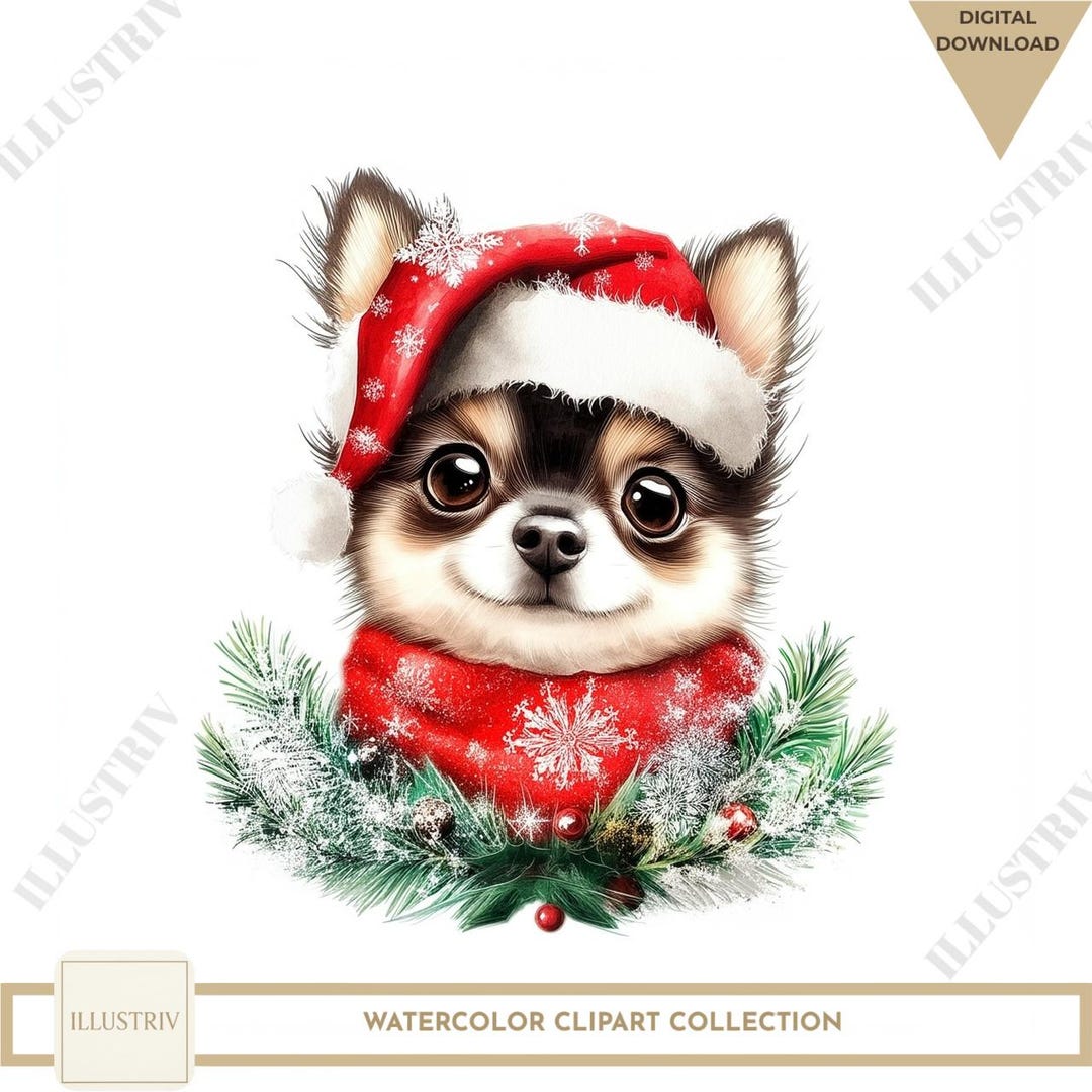 12 Cute Christmas Dogs Clipart, Xmas Pet Dogs, Red Santa Hat, Printable ...