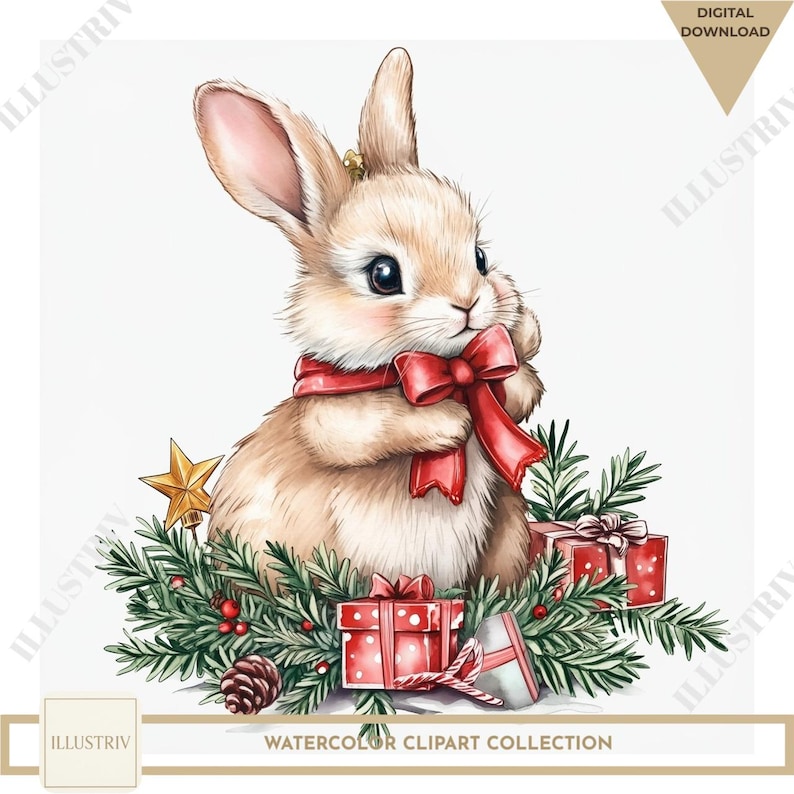 20 Vintage Christmas Bunny Clipart, Cute Bunny, Christmas Card, Nursery ...