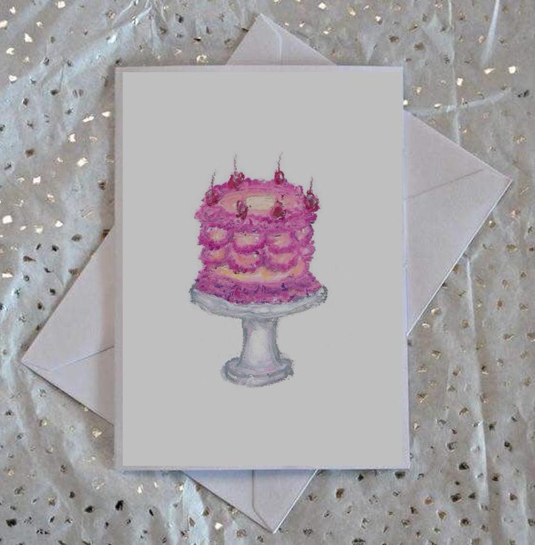 Printable Birthday Cake Card | Pink Cake | Oil Pastel Cake | Girly ...