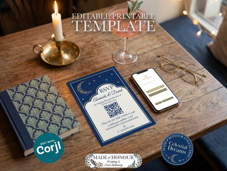 Celestial Wedding RSVP Card With QR Code: Starry Night (editable ...