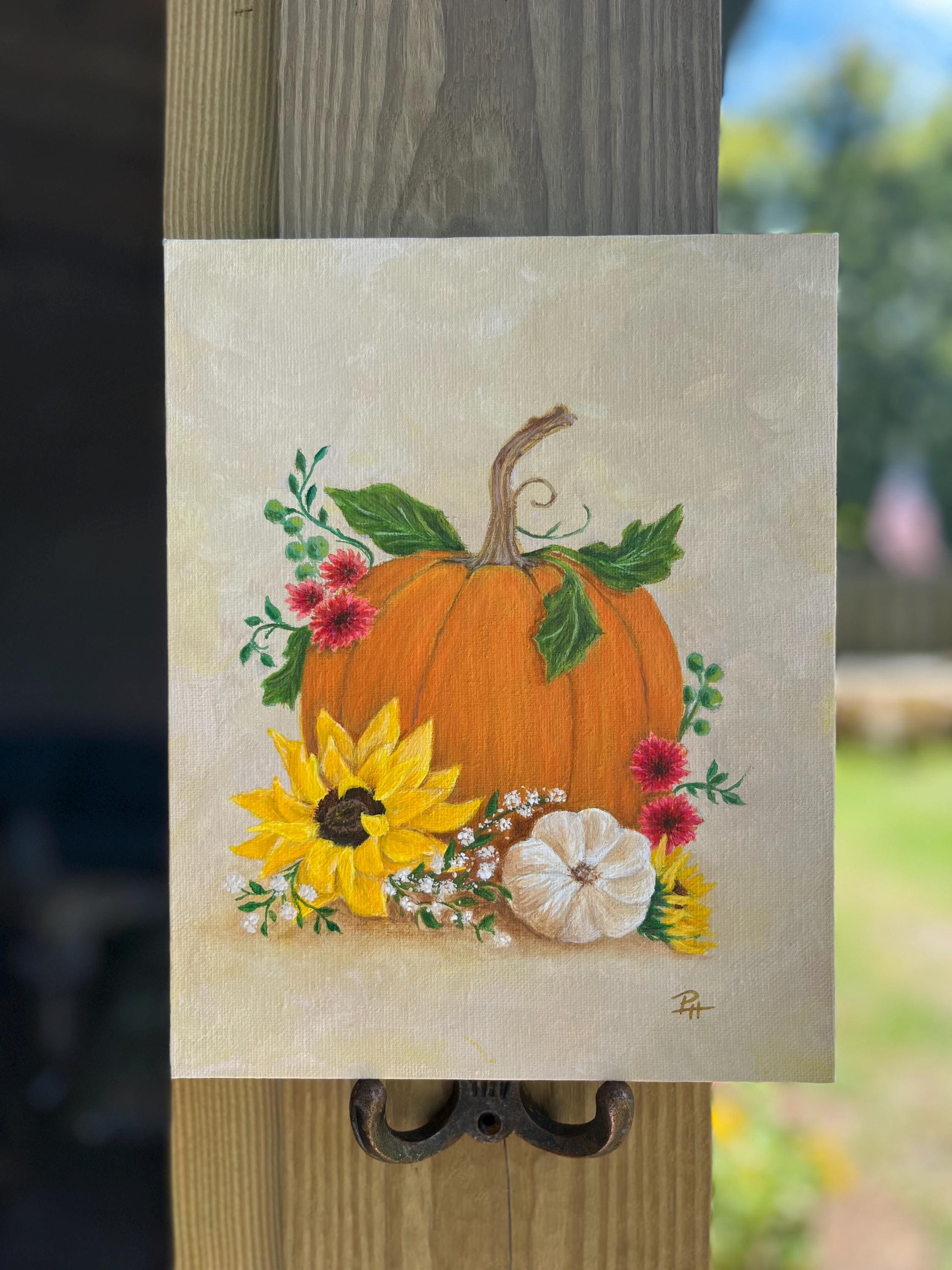 Sweet Autumn Pumpkin and Sunflower Original 8x10 Acrylic Art on Canvas ...
