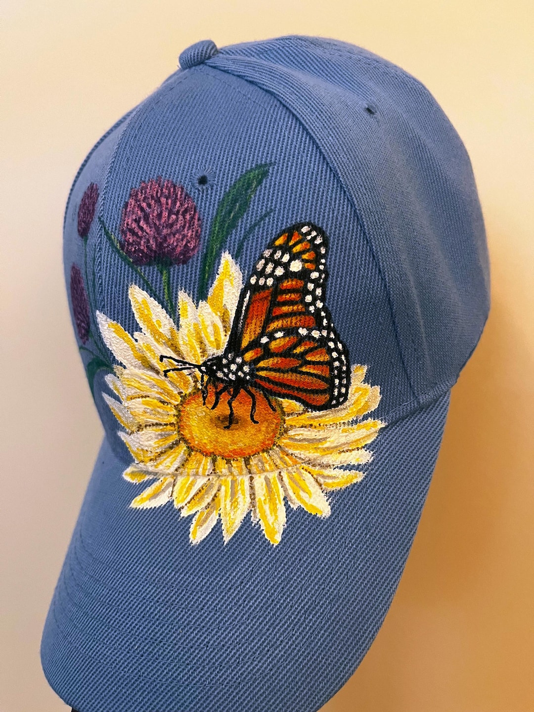 Hand Painted Monarch Butterfly and Flowers, Soft Adjustable Baseball ...