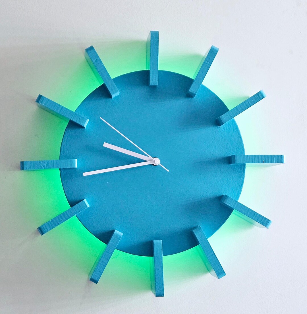 Blue Round LED Backlit Wood Clock, Modern Wall Decor, Color Splash ...