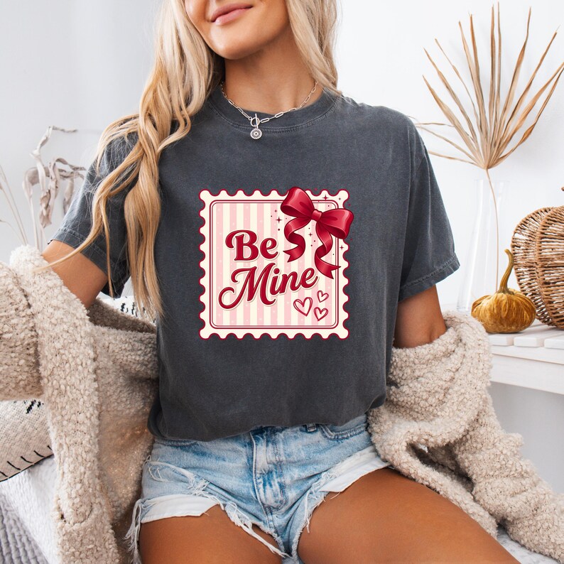 Be Mine Valentine Shirt, Pink Coquette Stamp Heart Bow Graphic Tee ...