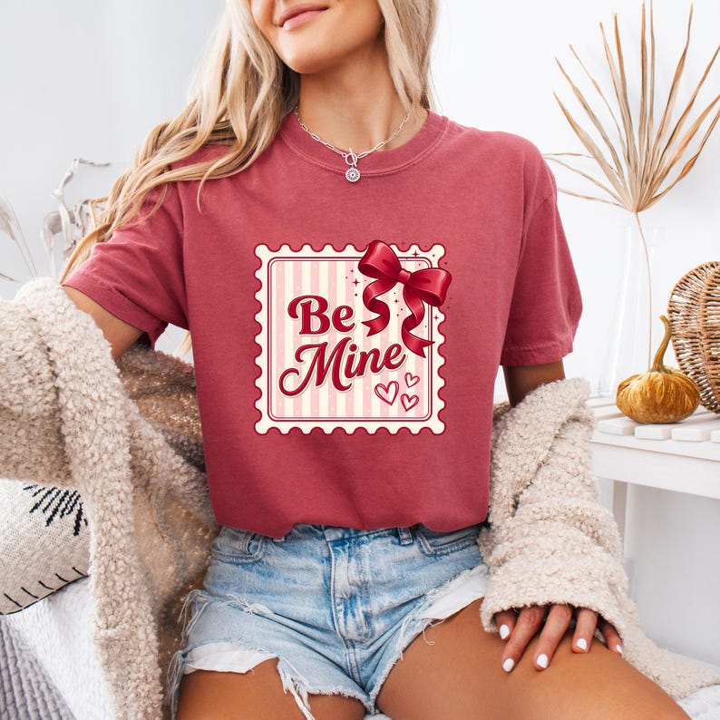 Be Mine Valentine Shirt, Pink Coquette Stamp Heart Bow Graphic Tee ...