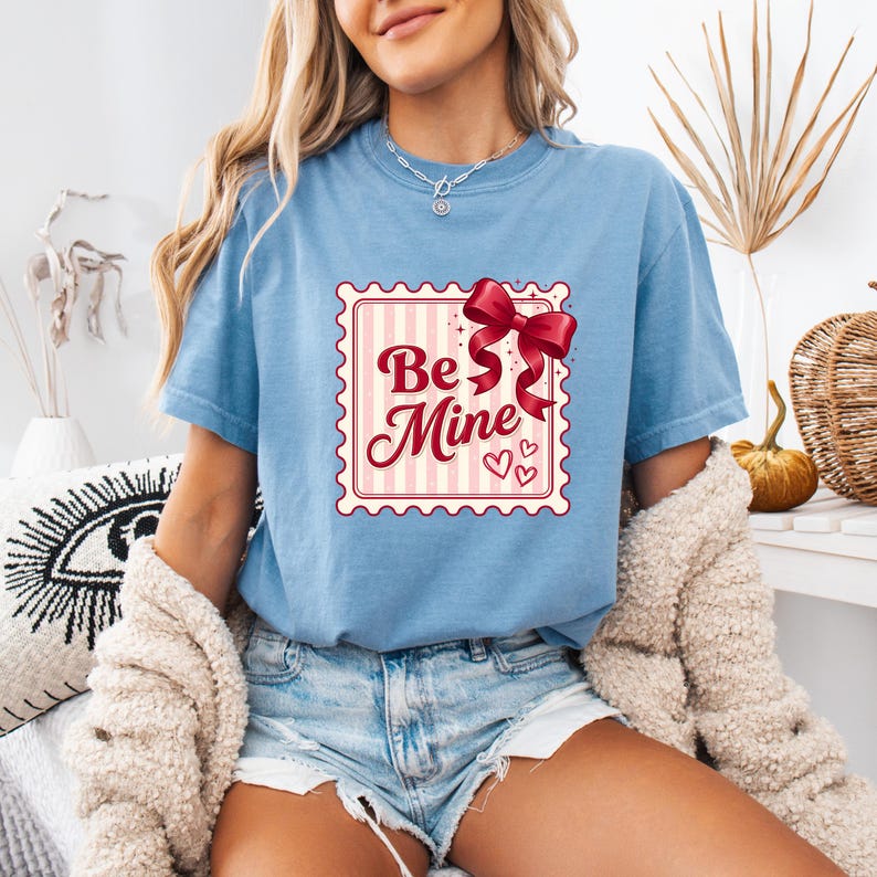 Be Mine Valentine Shirt, Pink Coquette Stamp Heart Bow Graphic Tee ...